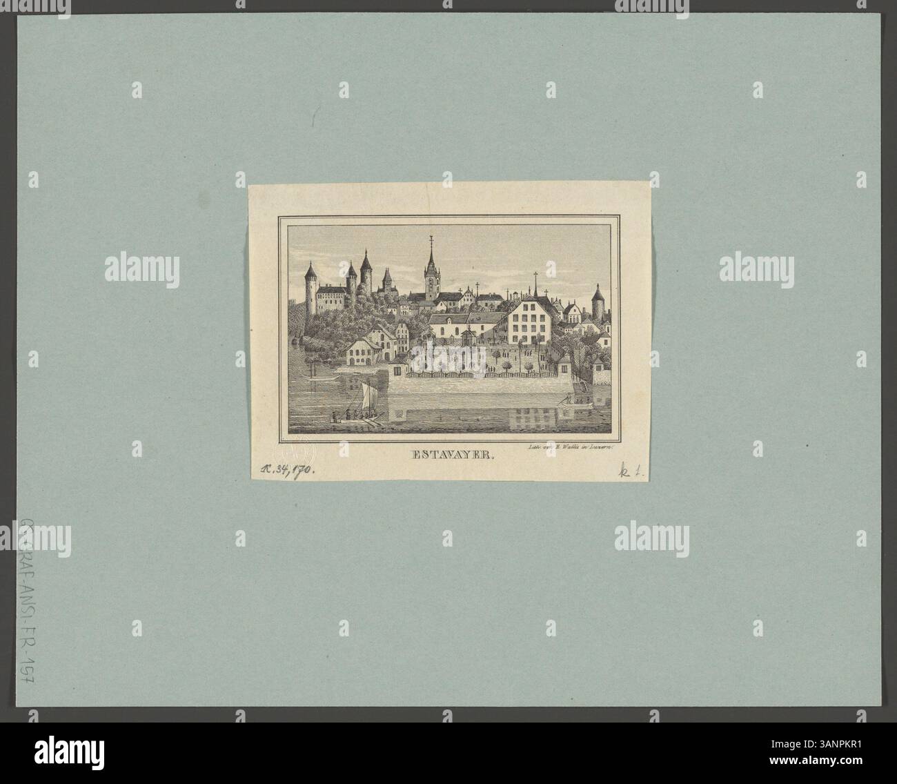 A 19th-century lithograph by Robert Wallis, depicting Estavayer, a town ...