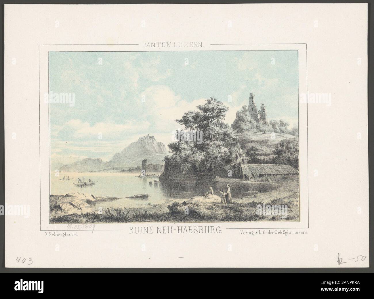 Lithograph by Xaver Schwegler depicting the Ruine Neu-Habsburg, a ruin ...