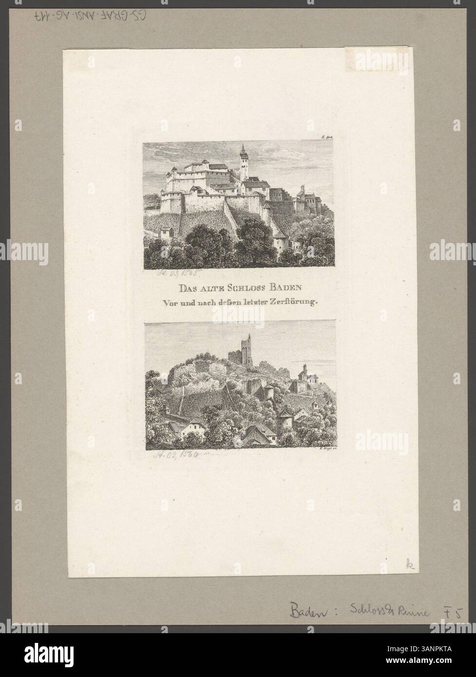 An etching by Franz Hegi, *Das alte Schloss Baden vor und nach dessen ...