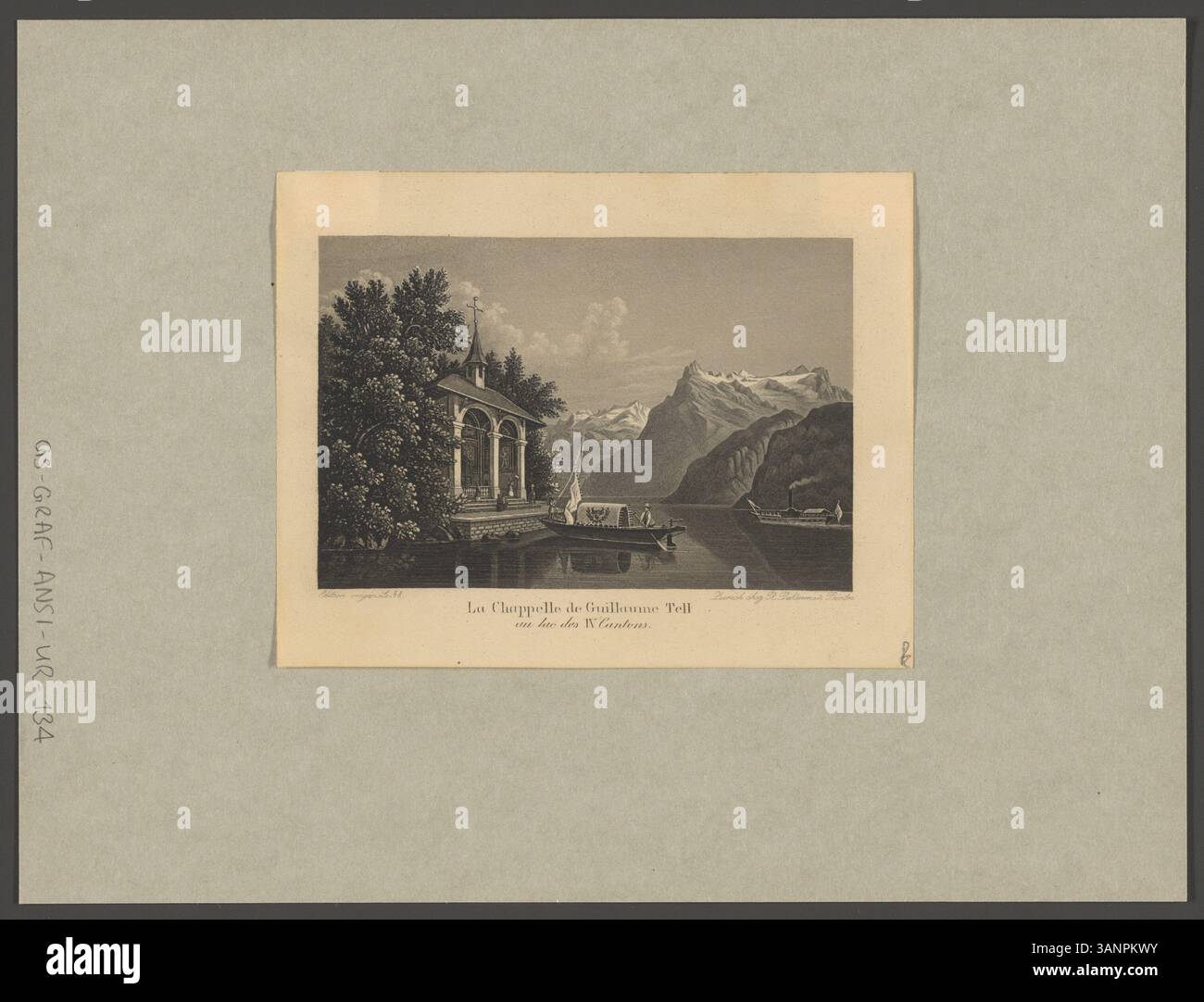 This post-1837 aquatint print shows the Chapel of William Tell on Lake Lucerne, in the Four ...