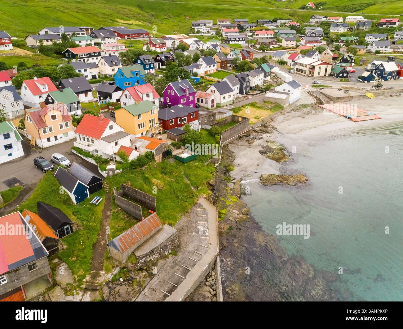 Aerial view of neighborhood with colorful rooftops, Faroe island Stock ...