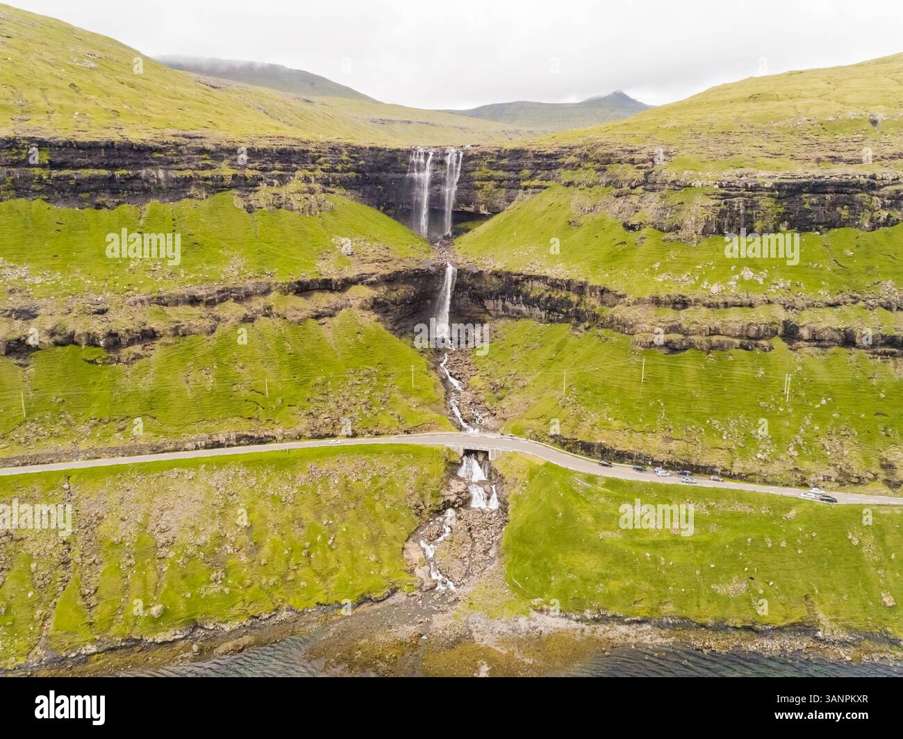 Aerial view of breathtaking Fossá waterfall, Faroe Island Stock Photo ...