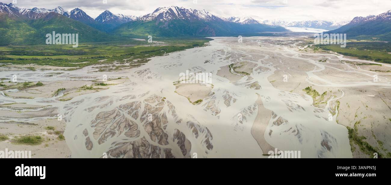 Panoramic aerial view of Knik river surrounding by mountains, Anchorage ...