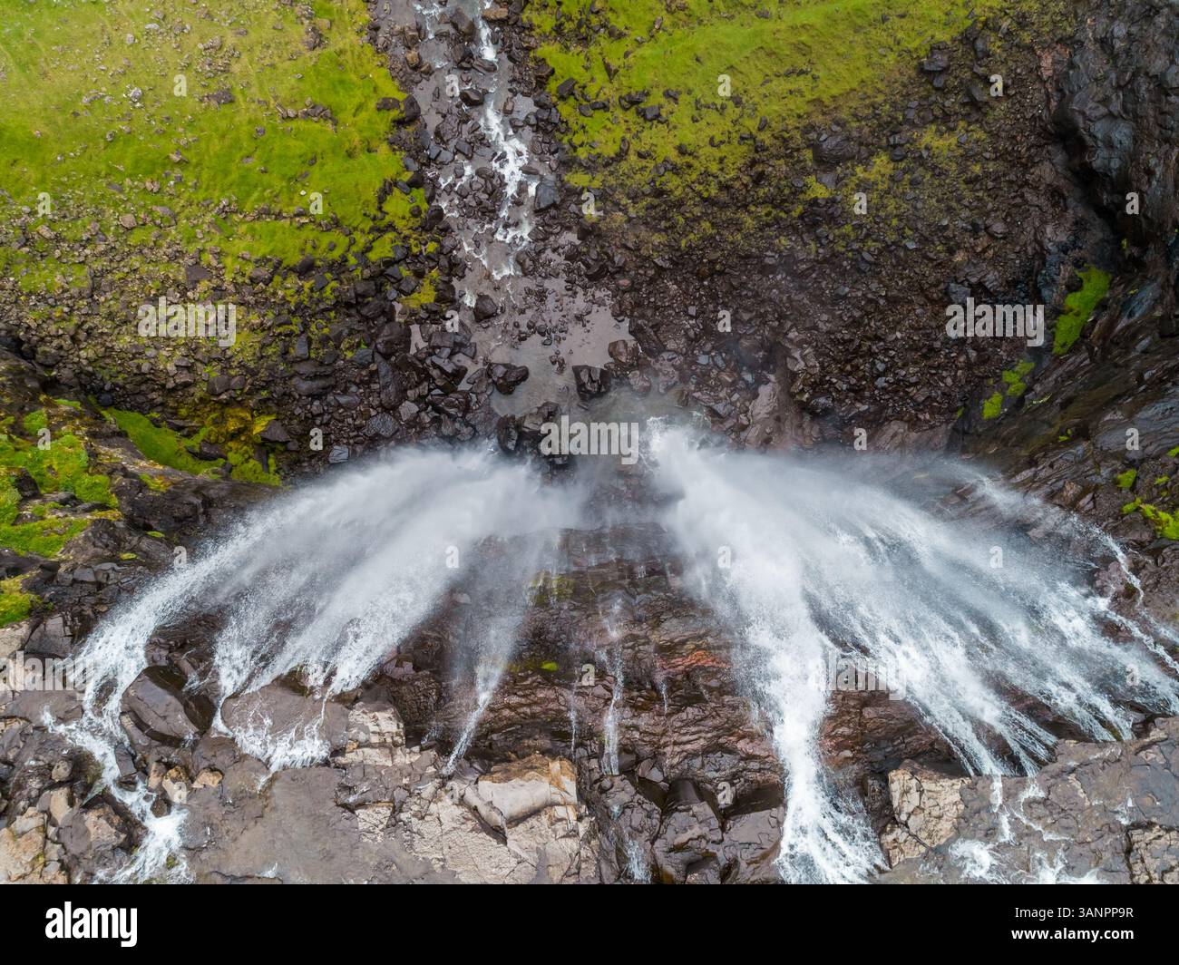 Aerial view above of breathtaking Fossá waterfall, Faroe Island Stock ...