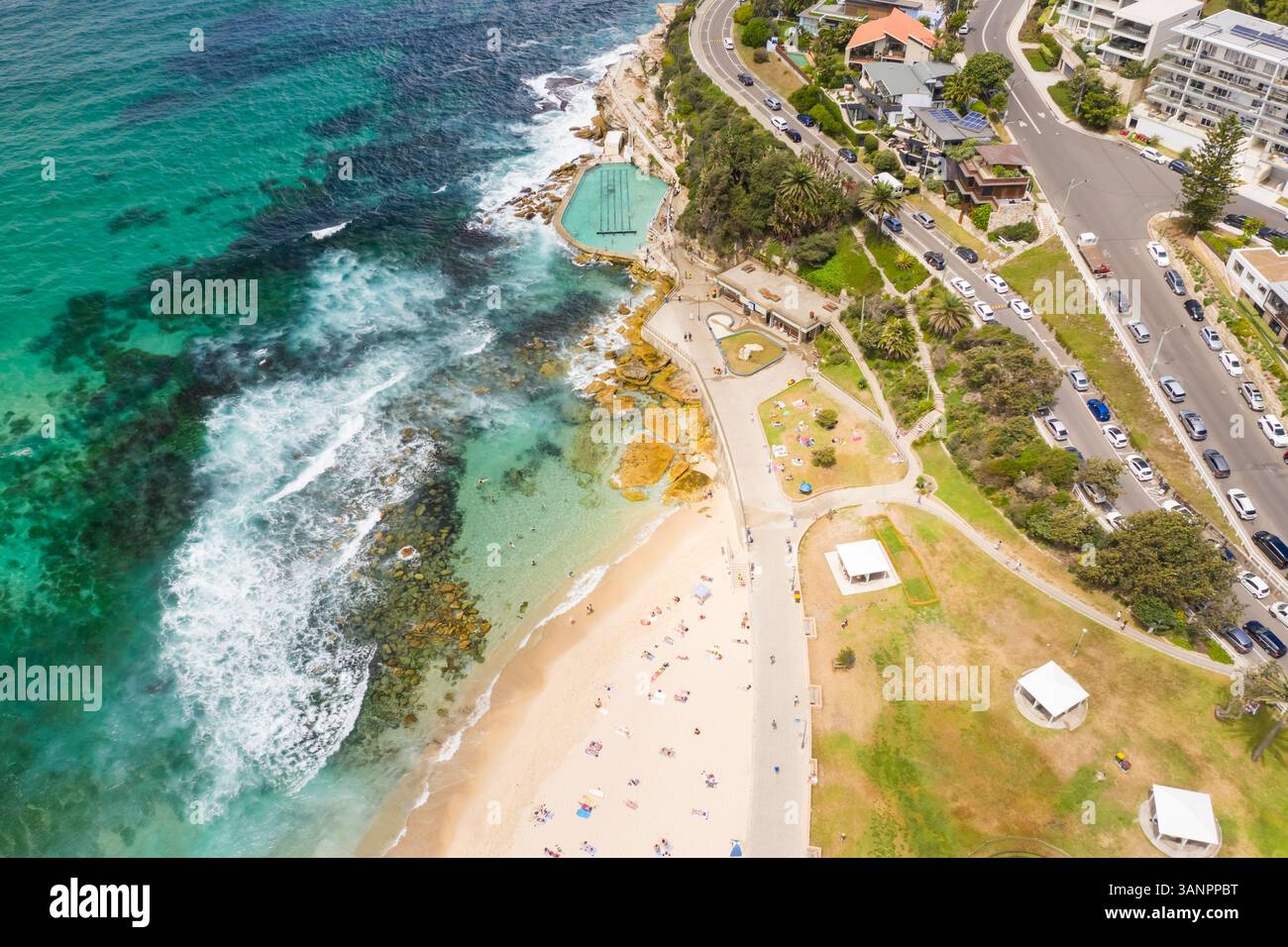Aerial view above of Bronte Baths public swimming pool, Sydney ...