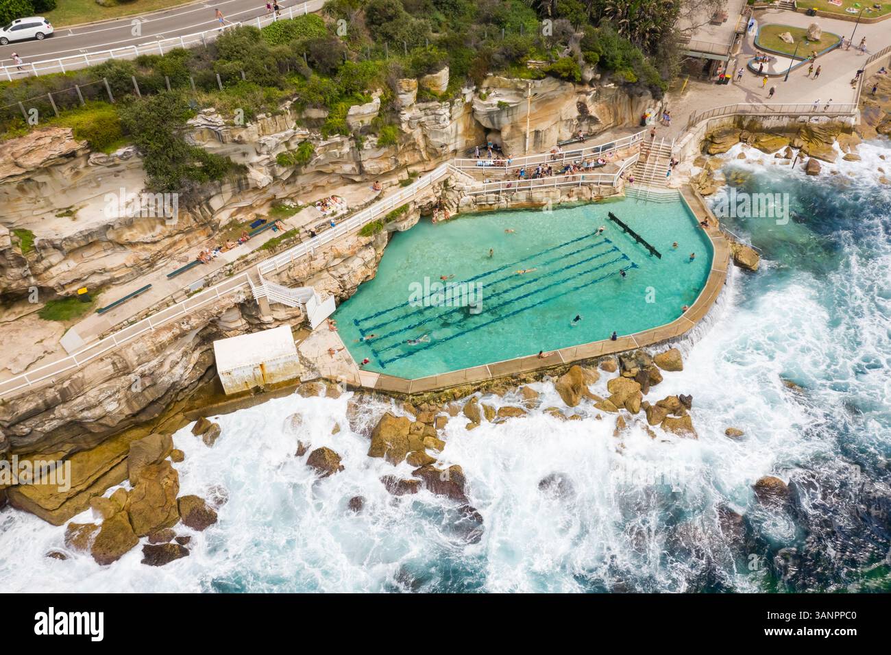 Aerial view above of Bronte Baths public swimming pool, Sydney ...