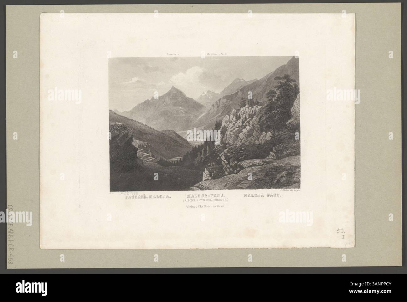 This etching by Kaspar Ulrich Huber illustrates the Maloja Pass in the ...