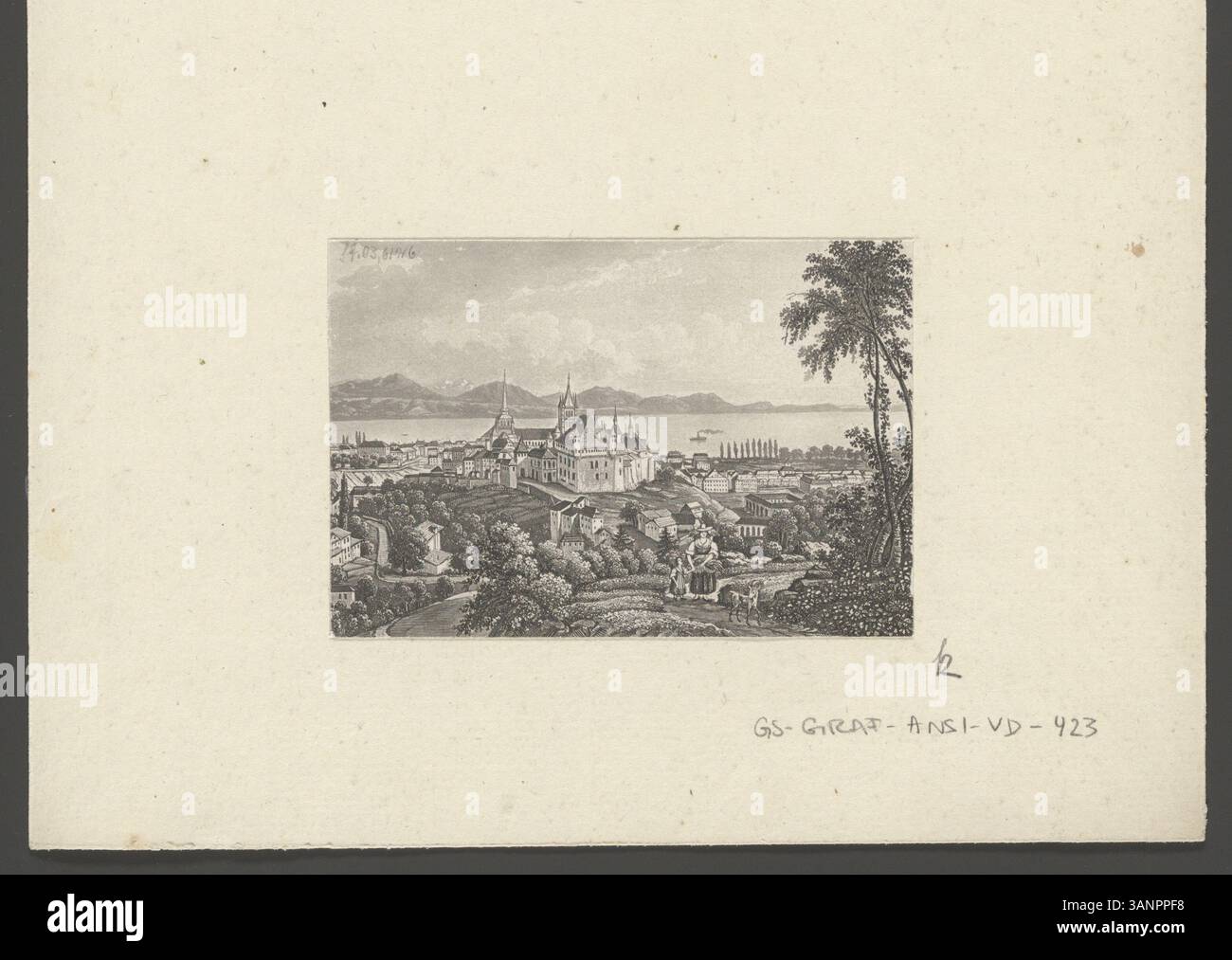 Aquatint and steel engraving print depicting Lausanne towards Lake Geneva. The print features ...