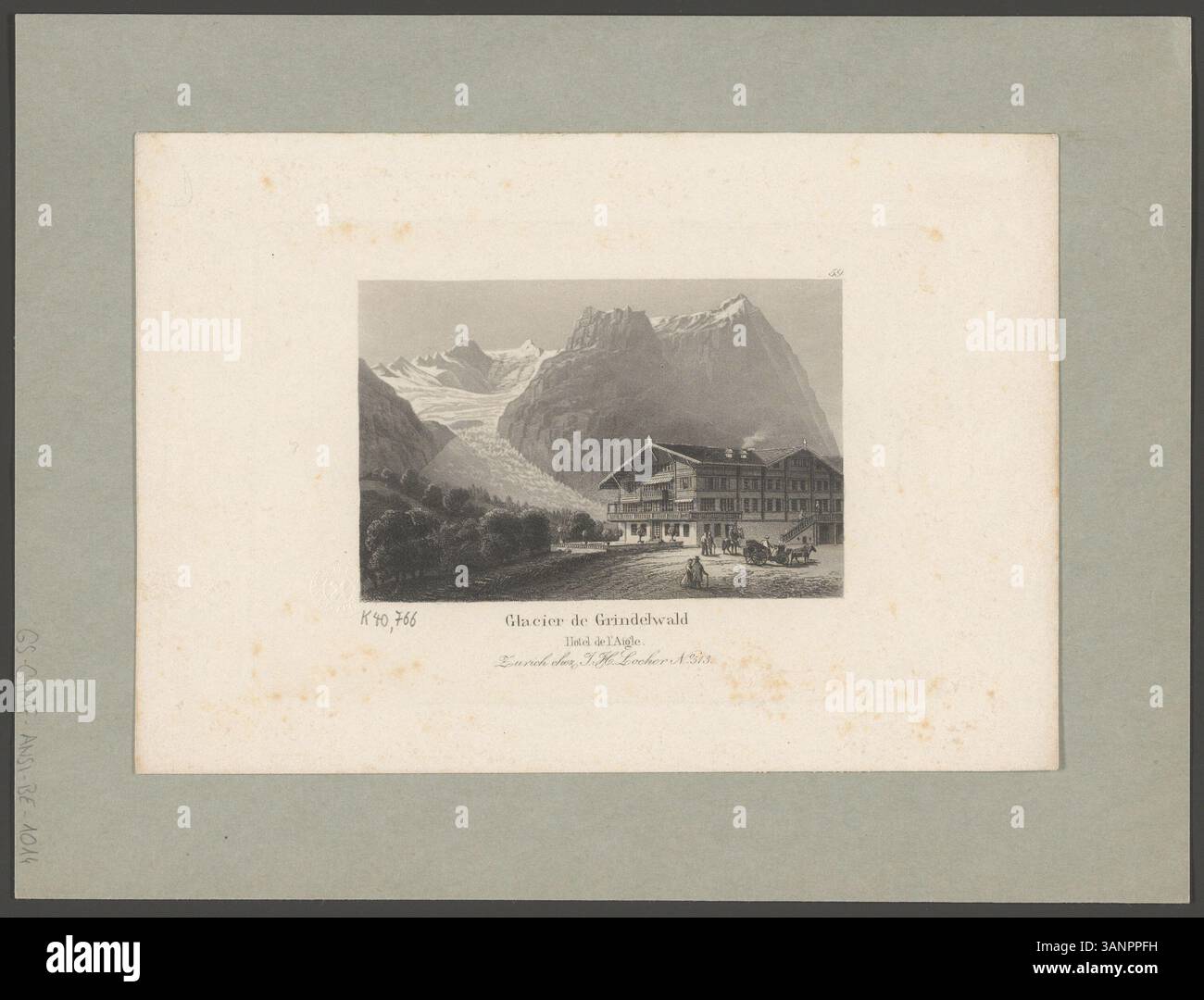 This steel engraving and aquatint print depict the 'Glacier de Grindelwald' and the 'Hotel de l ...