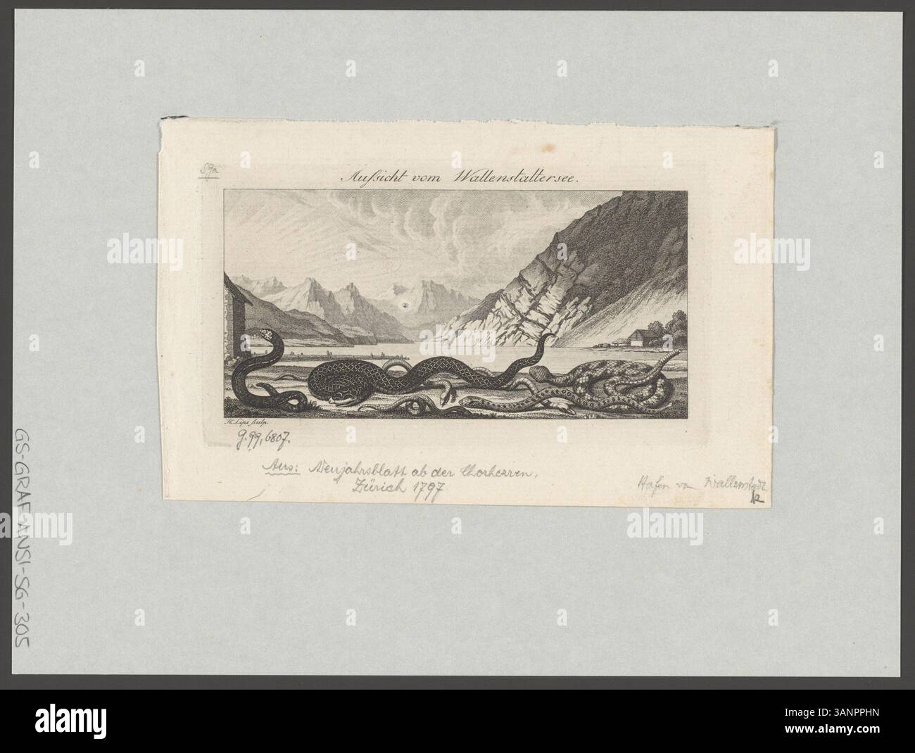 This etching by Johann Heinrich Lips depicts the harbor of Wallenstadt, showing a peaceful ...