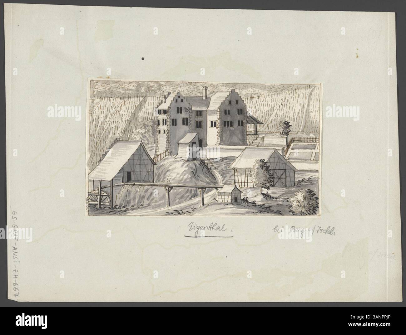 Drawing titled 'Eigenthal,' depicting the Schloss Eigental near Berg a ...