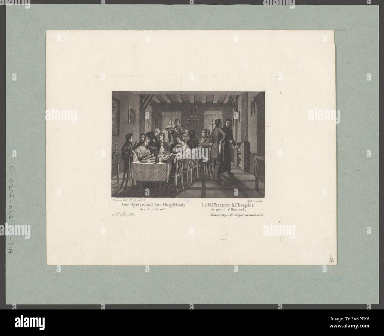The image depicts a print from 1836 featuring the dining hall at the ...