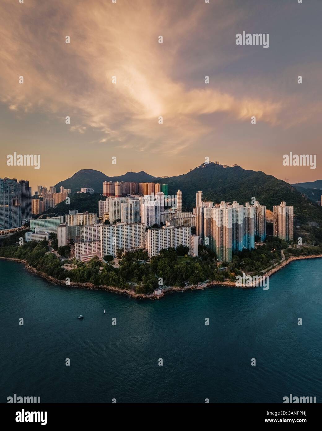 Aerial view of a residential district with tall buildings along ...