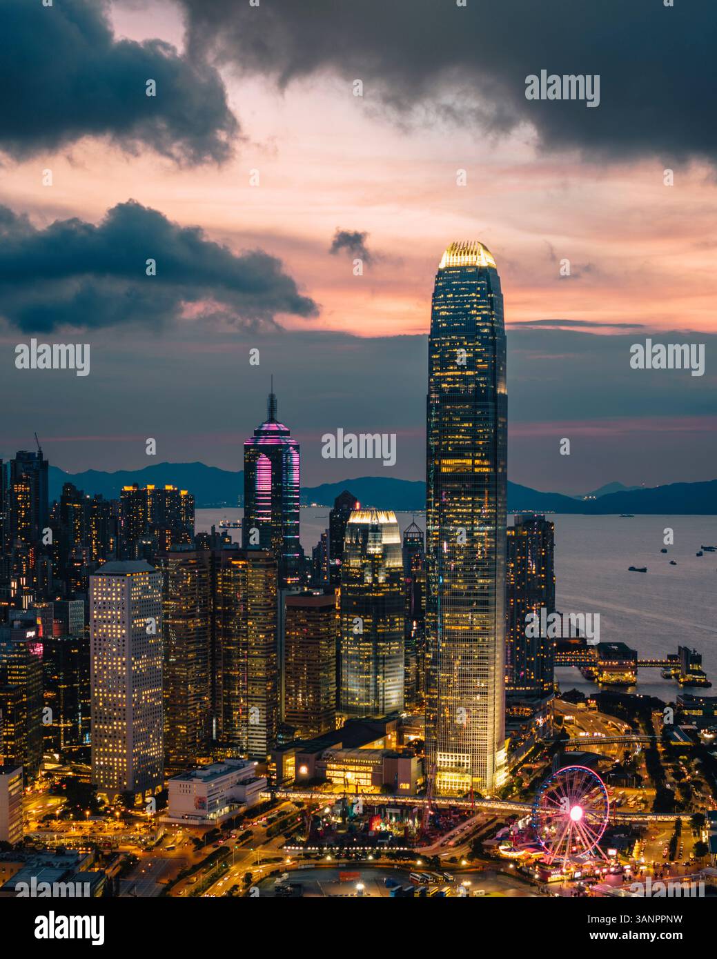 Aerial view of Hong Kong skyline with financial area skyscrapers at ...