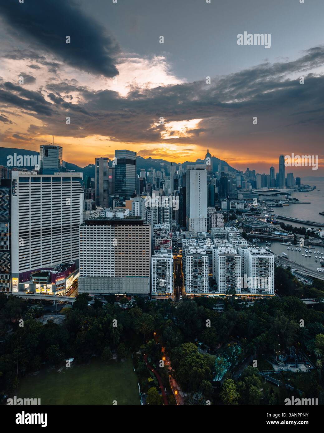 Aerial view of Hong Kong skyline with financial area skyscrapers at ...