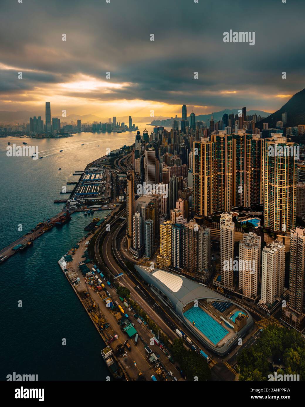 Aerial view of Hong Kong skyline at sunset along Hong Kong Island ...