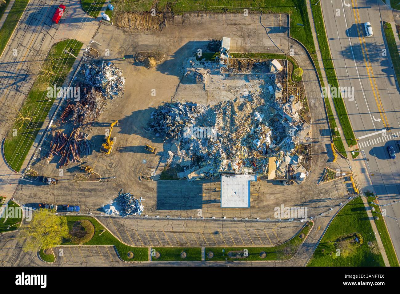 Aerial view of demolition center with a crane operating in Naperville ...