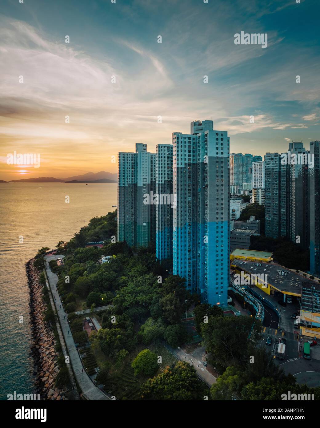 Aerial view of a residential district with tall buildings along ...