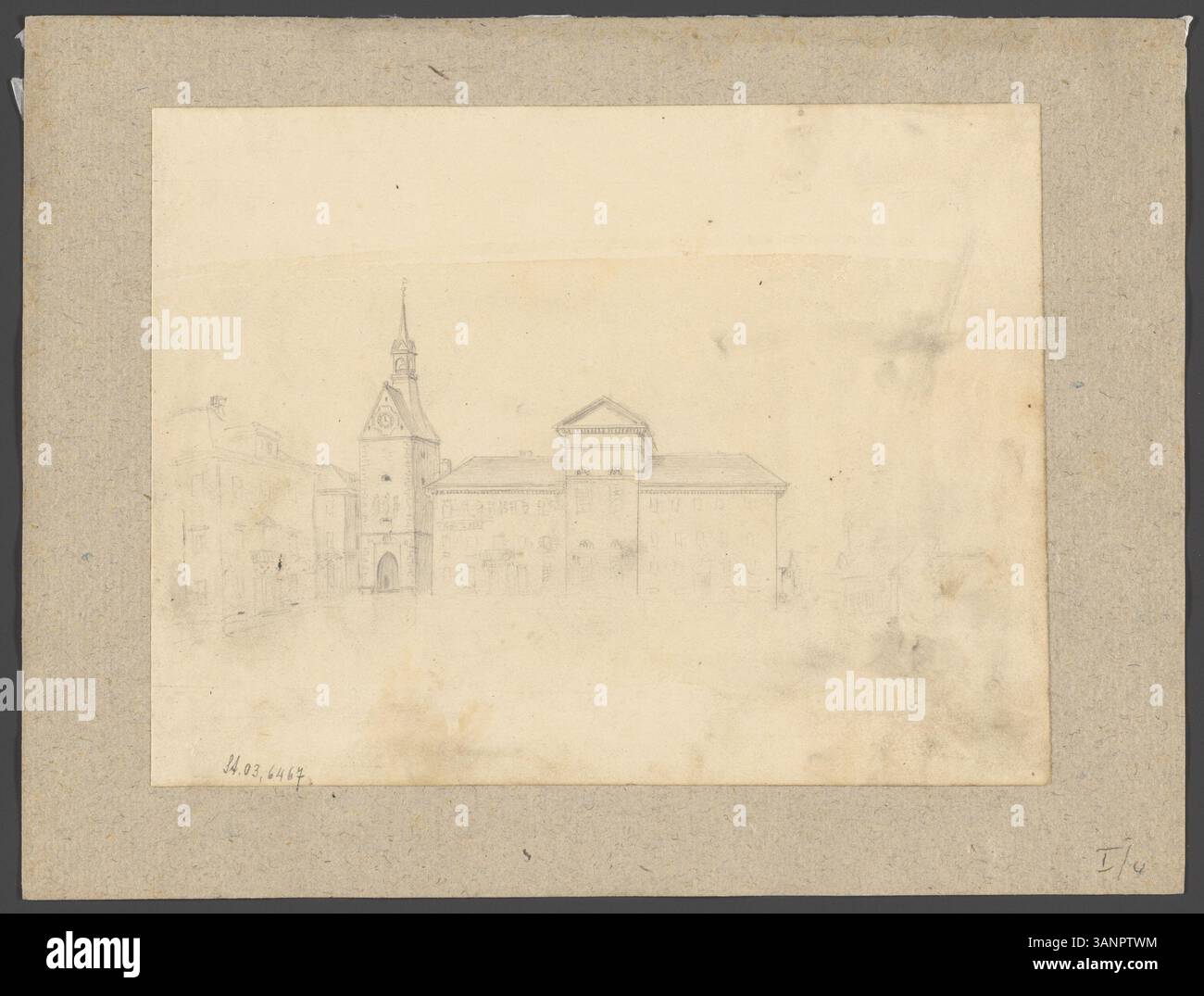 Pencil drawing from circa 1850, showing the Postplatz square in Zug ...