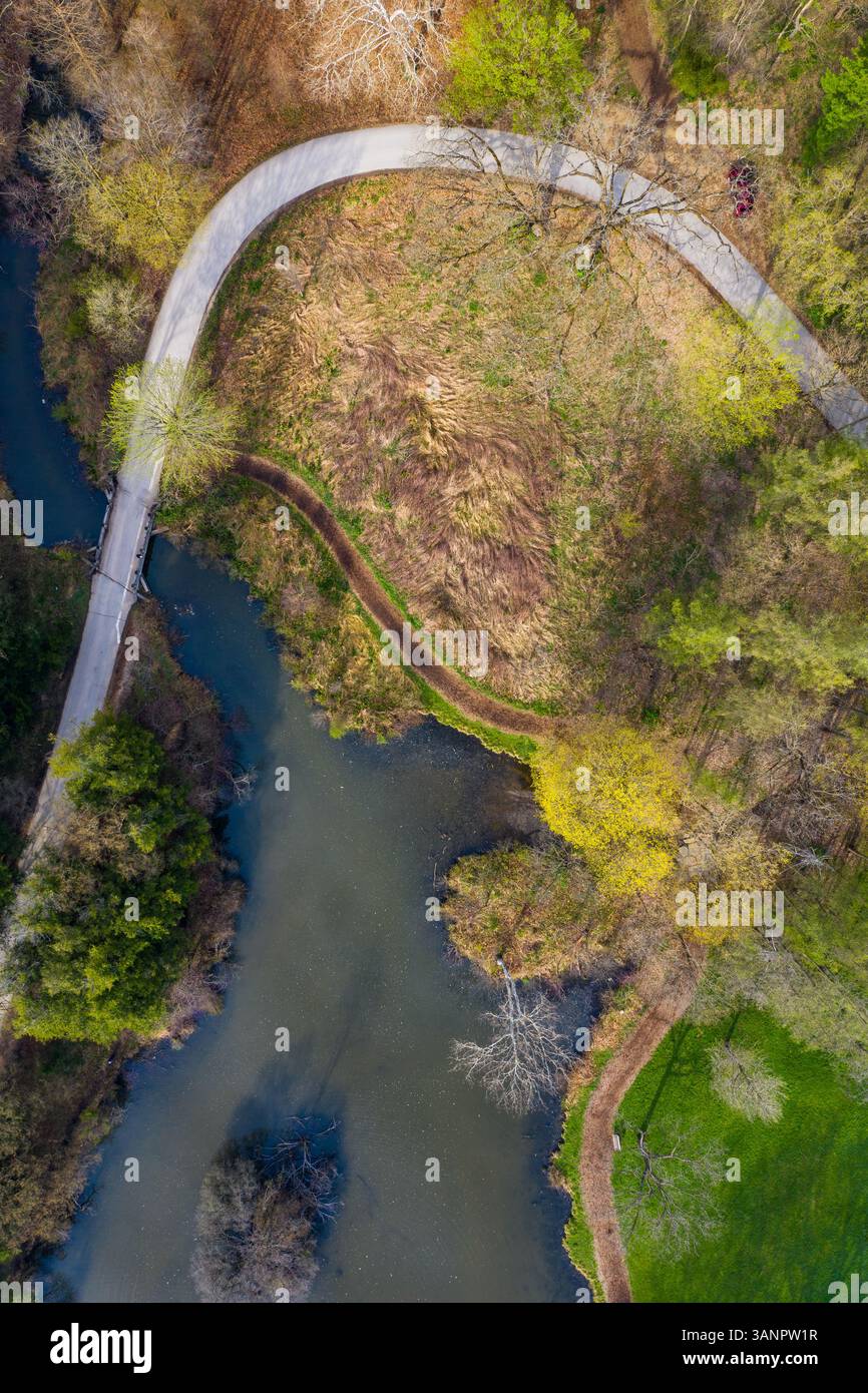 Aerial view of pathway along the Lake Marmo in Wheaton, Chicago ...