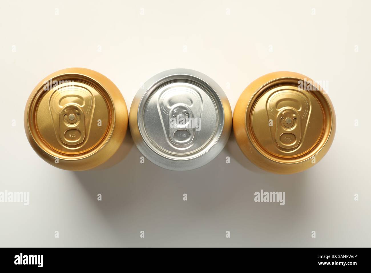 Different tin cans on white background, flat lay Stock Photo - Alamy