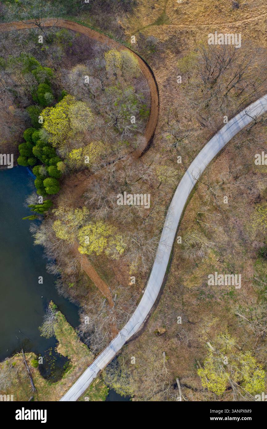 Aerial view of pathway along the Lake Marmo in Wheaton, Chicago ...