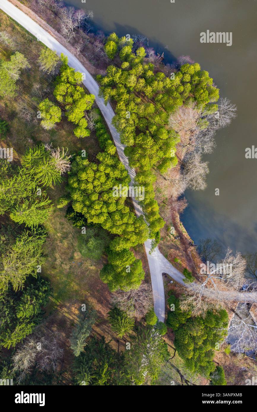 Aerial view of pathway along the Lake Marmo in Wheaton, Chicago ...