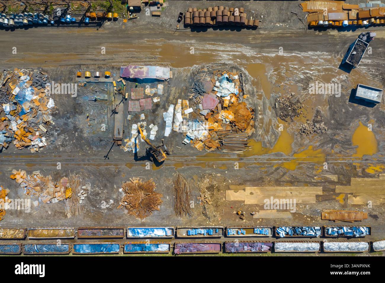 Aerial view of rail road cars, scrap metals and finished steel products ...