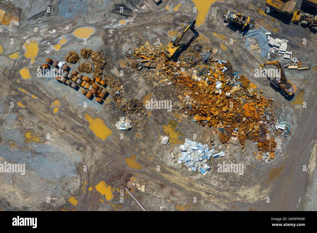 Aerial view of scrap metals and finished steel products at a modern ...