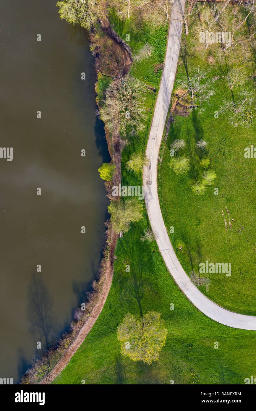 Aerial view of pathway along the Lake Marmo in Wheaton, Chicago ...