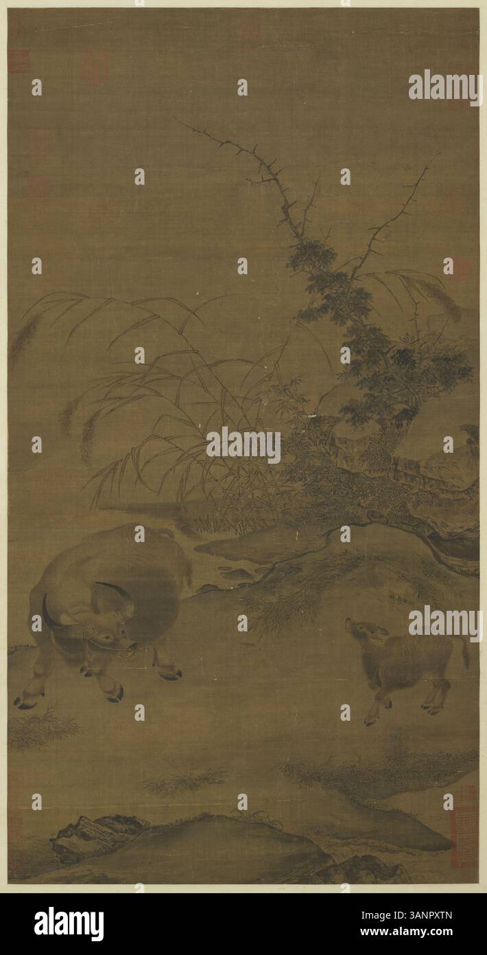 This painting depicts an ox calling to its calf, a simple yet powerful ...