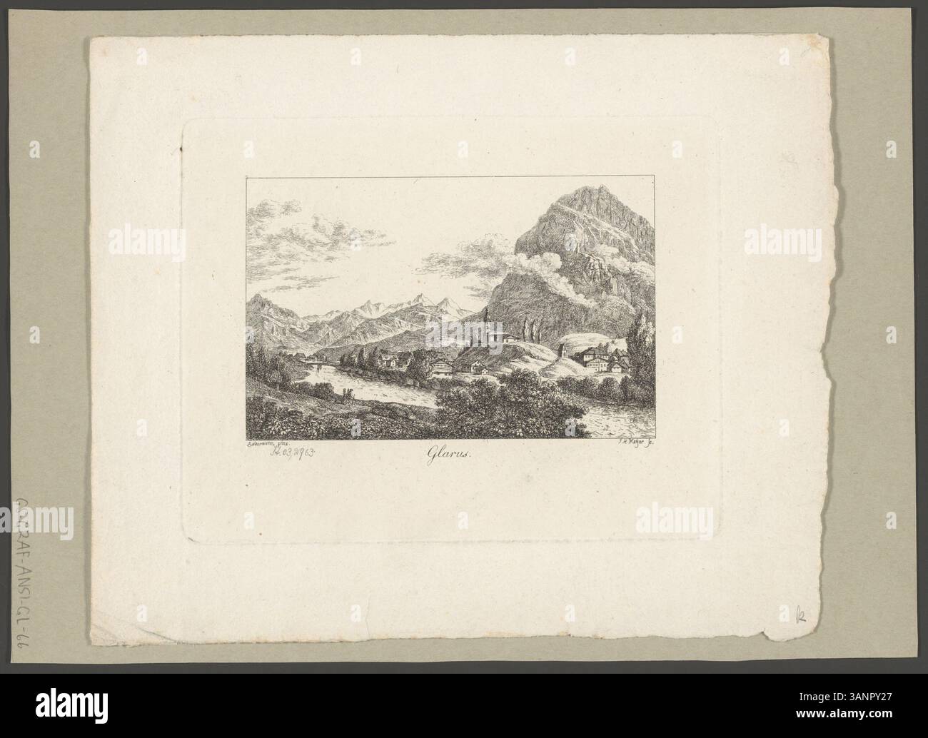 This 1808 etching print depicts a scenic view of Glarus, Switzerland, drawn by Johann Jakob ...