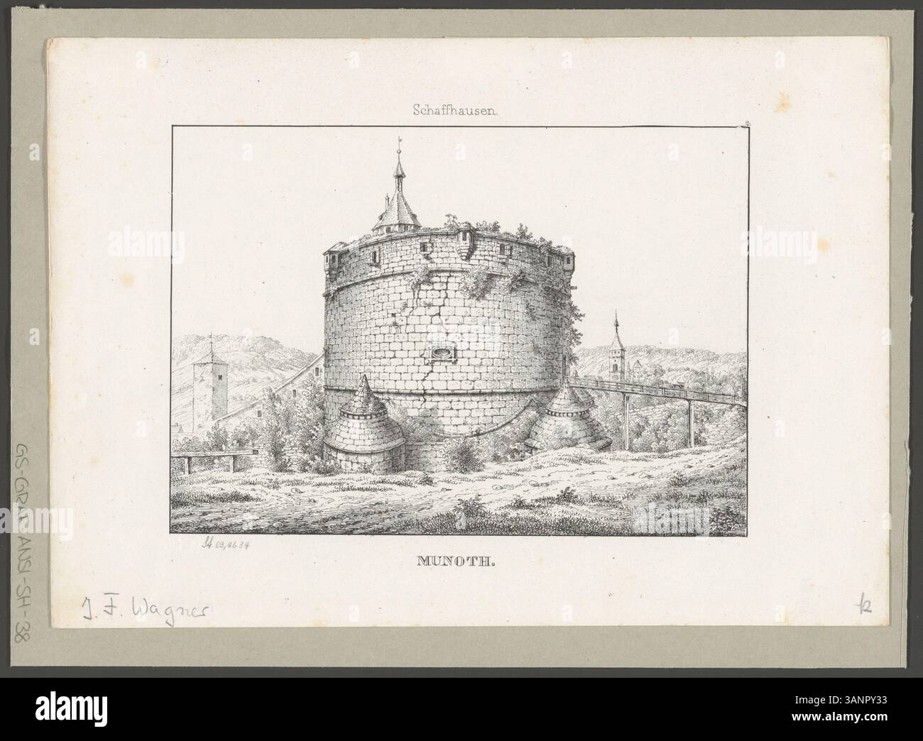 This lithograph by Johann Friedrich Wagner, created between 1840 and 1844, depicts Schaffhausen ...