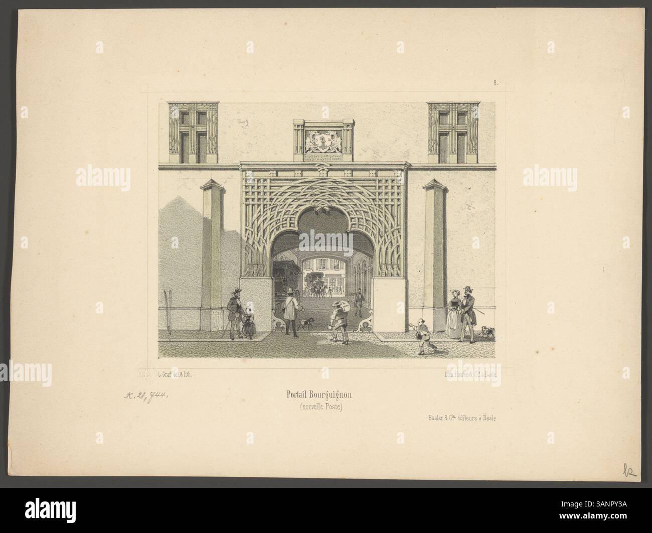 Lithograph by Louis Graf depicting the Portail Bourguignon in Basel ...