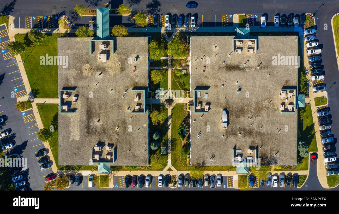 Aerial view of a low rise medical office building in the suburbs of ...