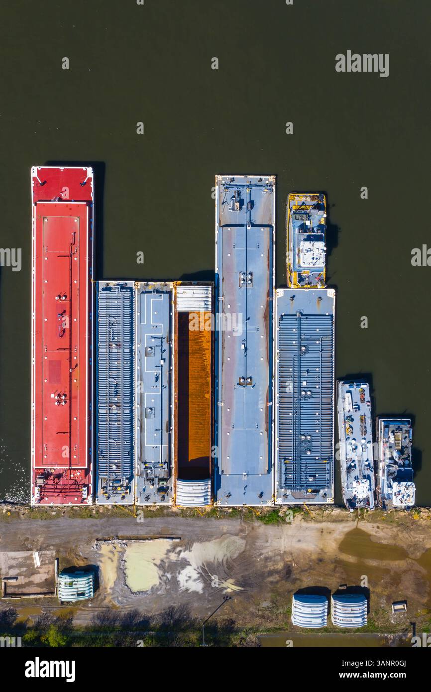 Aerial view of freight barges at a freight harbour on the Des Plaines ...