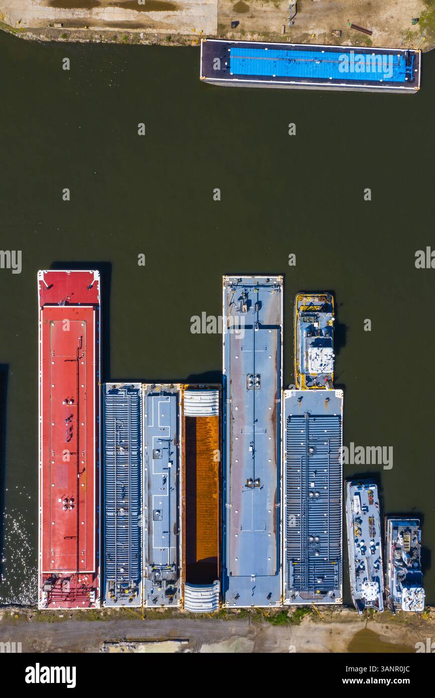 Aerial view of freight barges at a freight harbour on the Des Plaines ...