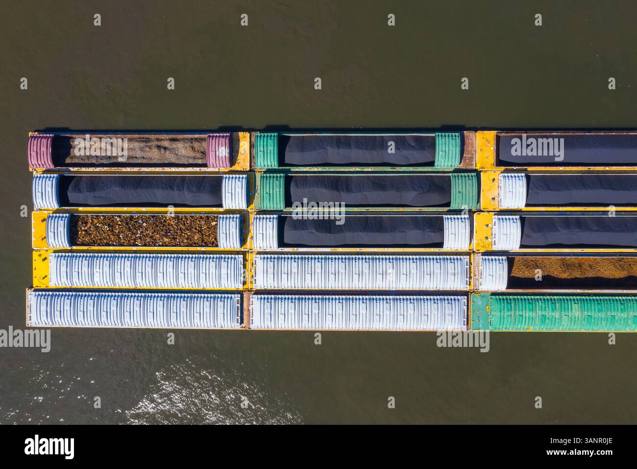 Aerial view of freight barges at a freight harbour on the Des Plaines ...