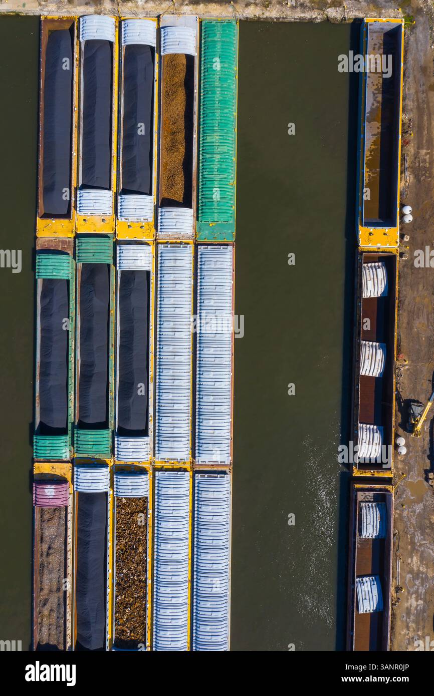 Aerial view of freight barges at a freight harbour on the Des Plaines ...