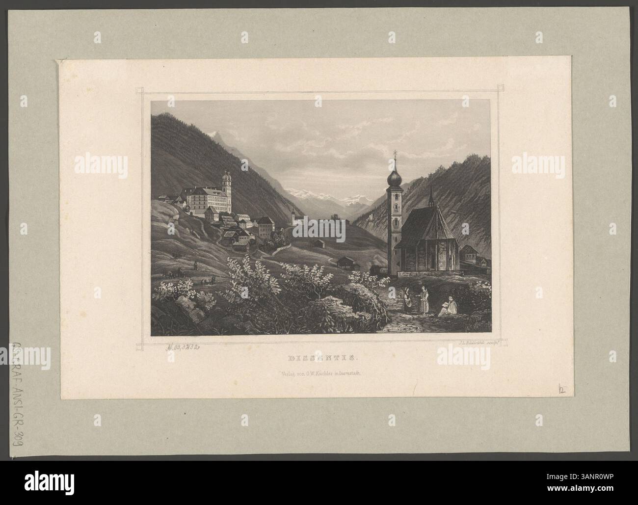 This aquatint and steel engraving by Jakob Lorenz Rüdisühli features a view of Dissentis, a ...