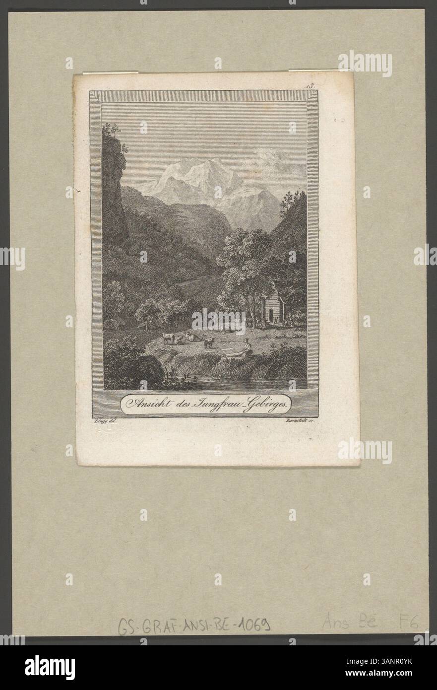 This print depicts the Jungfrau mountain range, created by Adrian Zingg ...