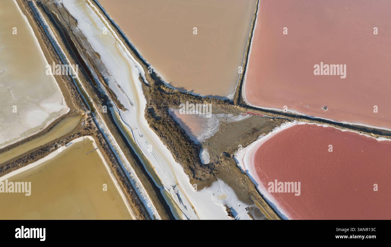 Aerial view of geometric salt ponds with beautiful patterns and ...
