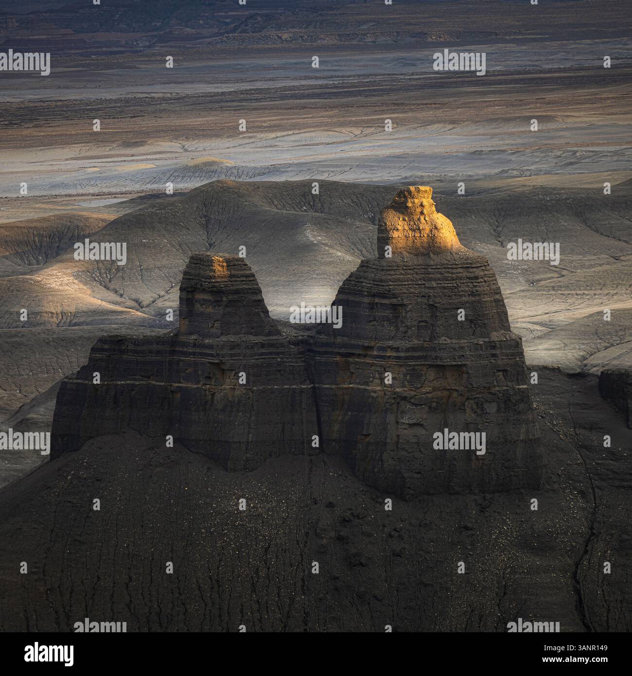 Aerial view of majestic rock formations and scenic valleys at golden ...