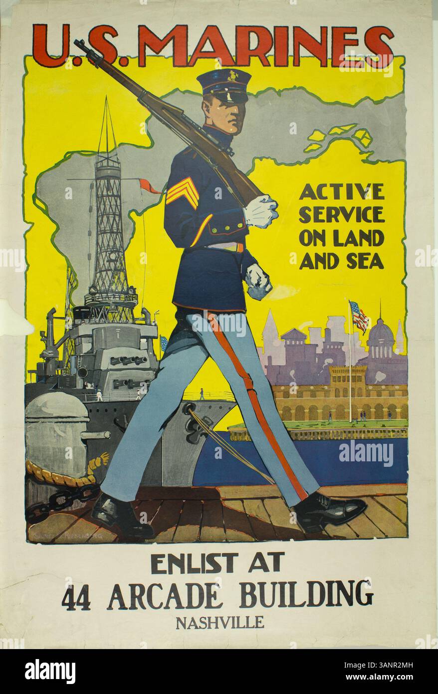 'U.S. Marines Active Service on Land and Sea' is a 1917 poster by Sidney H. Riesenberg ...