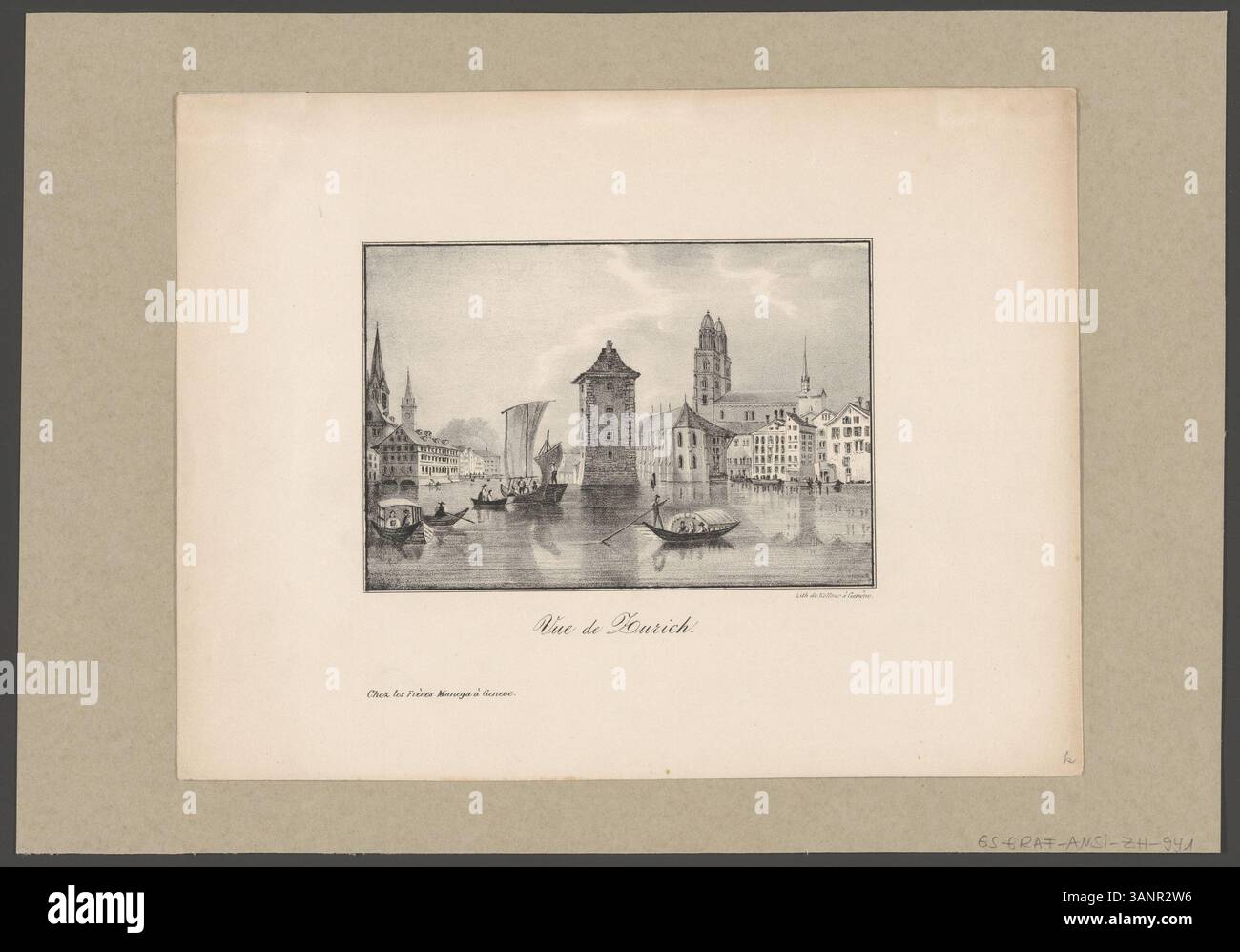 Joseph Kellner’s lithograph showcases a view of Zurich, with particular ...