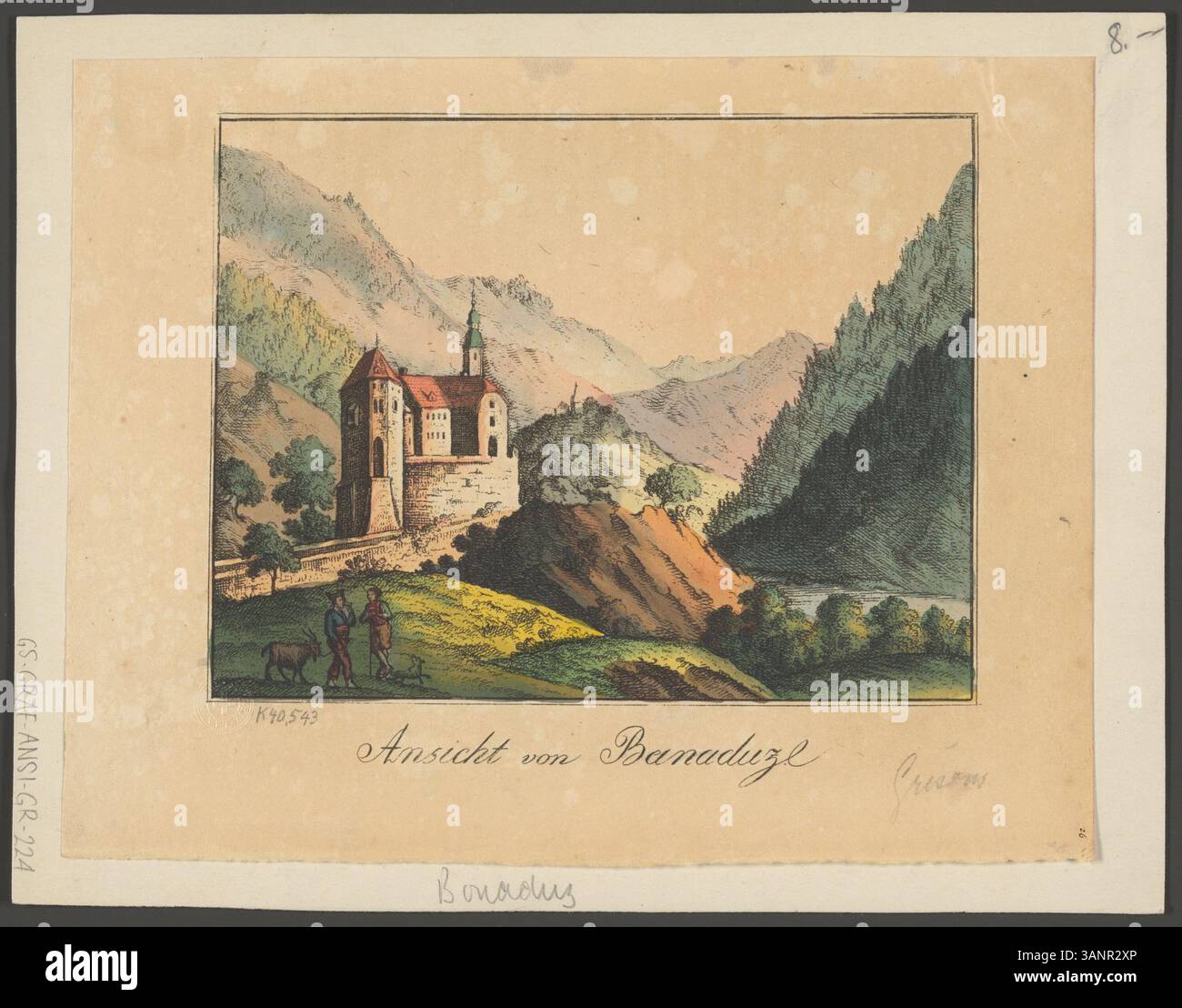 This etching print by Georg Primavesi, titled 'View of Banaduz', is a ...