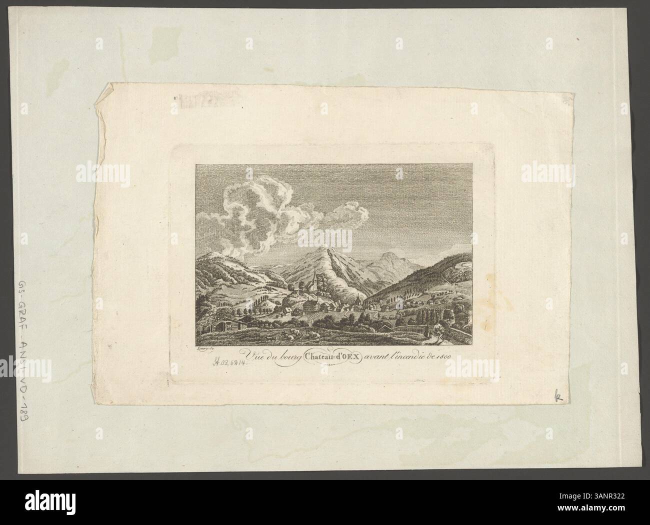 Louis Emery's etching depicts the town of Château-d'Oex before the 1800 ...