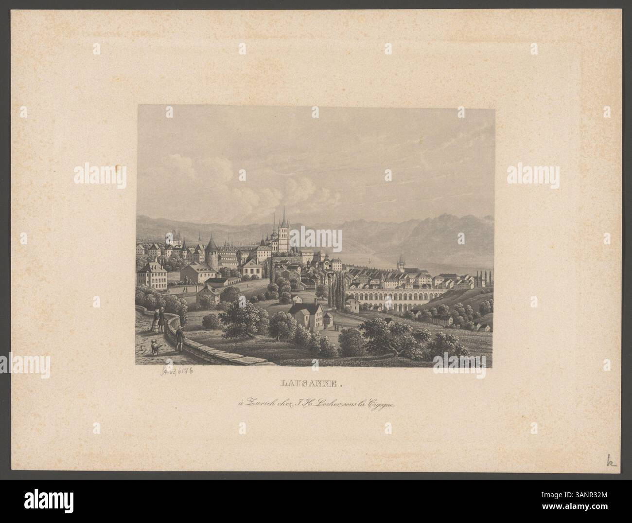 Aquatint print showing Lausanne, Switzerland, with a detailed representation of the cityscape ...