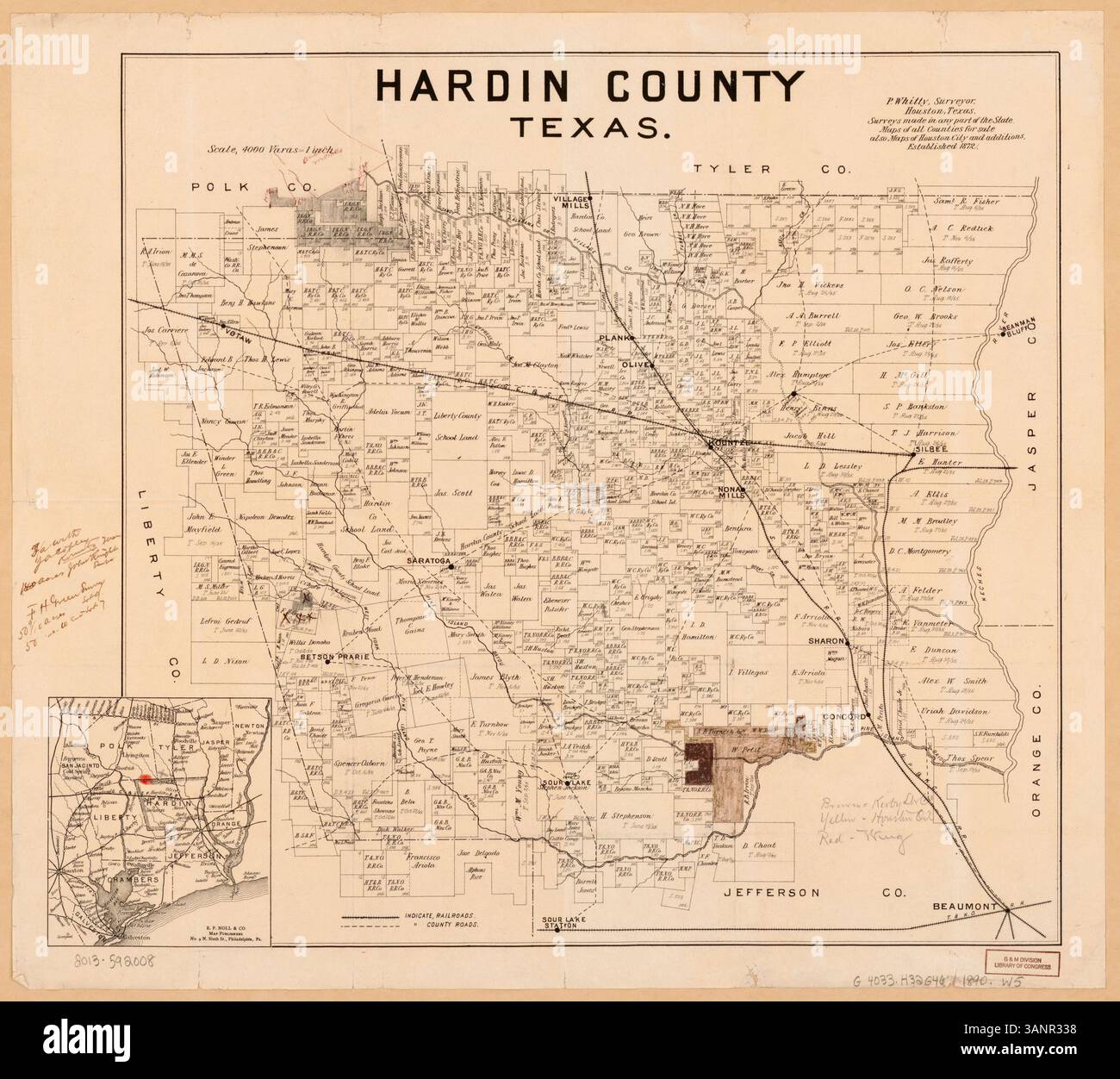 This 1890 map of Hardin County, Texas, includes annotations showing ...