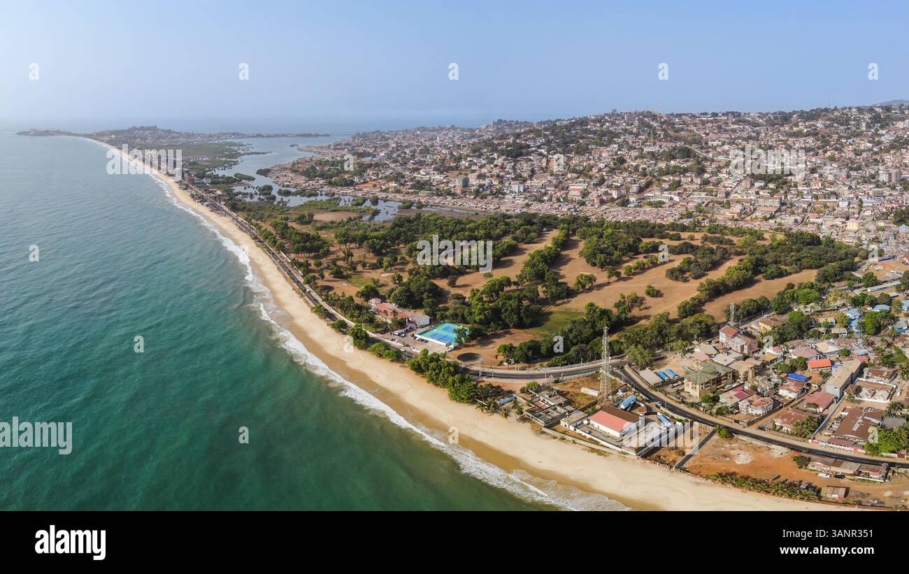 Panoramic aerial view of the coastline facing the ocean with the golf ...